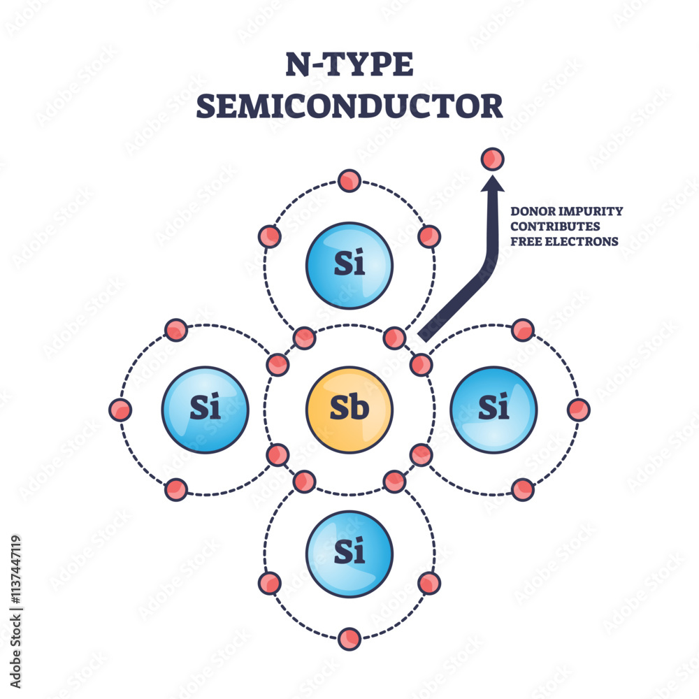 N-Type semiconductor diagram shows silicon atoms and free electrons ...