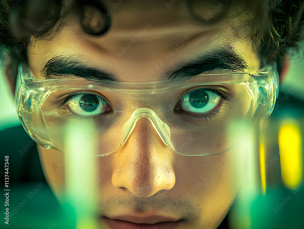Students conduct experiments in the laboratory. Wear safety glasses ...