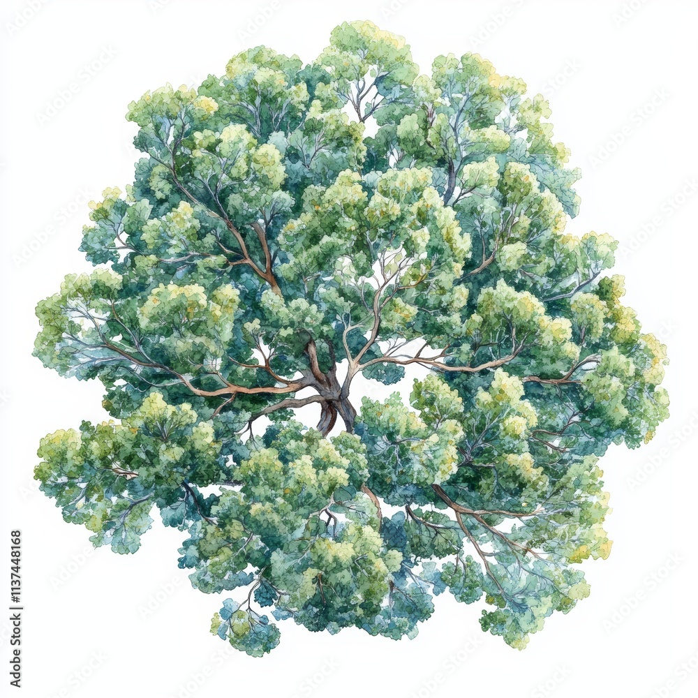 Watercolor Illustration of Eucalyptus camaldulensis, River Red Gum, Top ...
