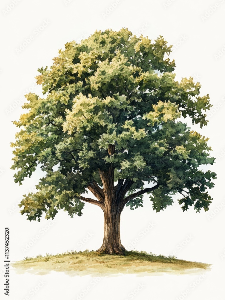 Watercolor Illustration of White Oak Tree Front View for Architectural ...