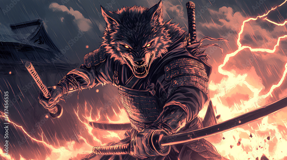 vintage ancient werewolf with his samurai in Japanese theme with ...