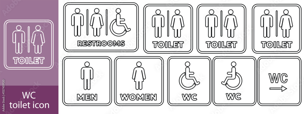 Vector de Stock Toilet line icon set. WC sign. Men, women, mother with ...