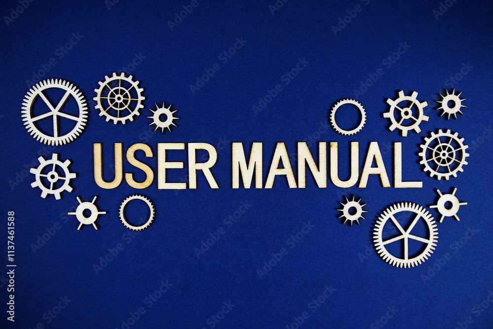 User Manual alphabet letters with gears element on navy blue background Stock Photo | Adobe Stock