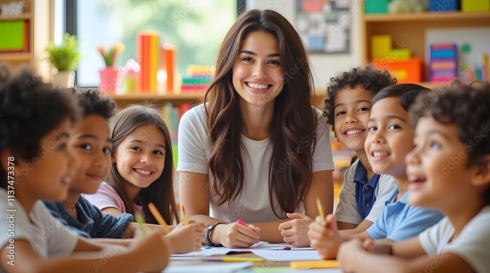 Smiling teacher surrounded by happy diverse students, creating joyful ...