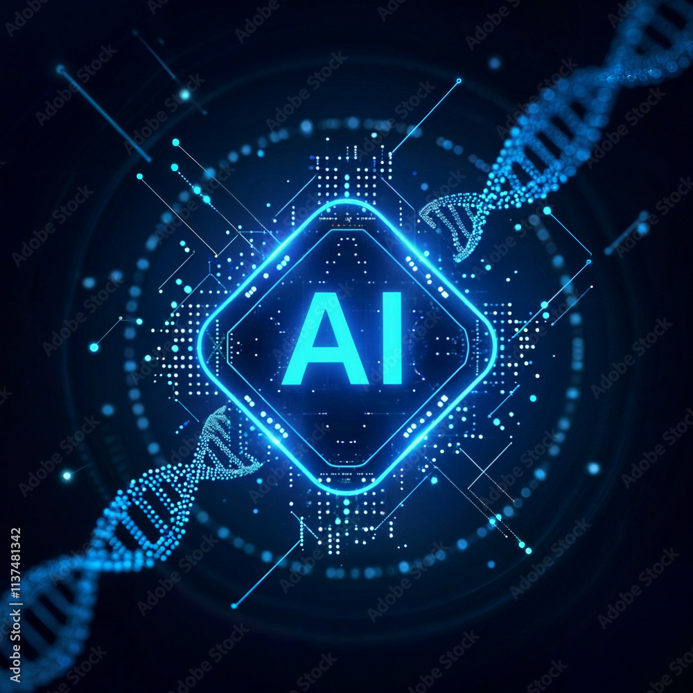 DNA of AI. Integration AI and DNA concept image. AI chip on abstract ...
