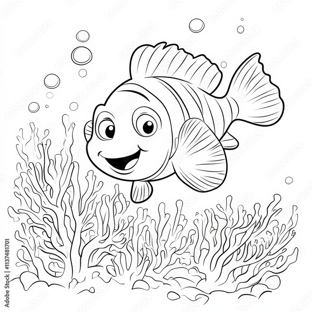 Happy Clownfish Coloring Page: A cheerful clownfish swims amidst ...