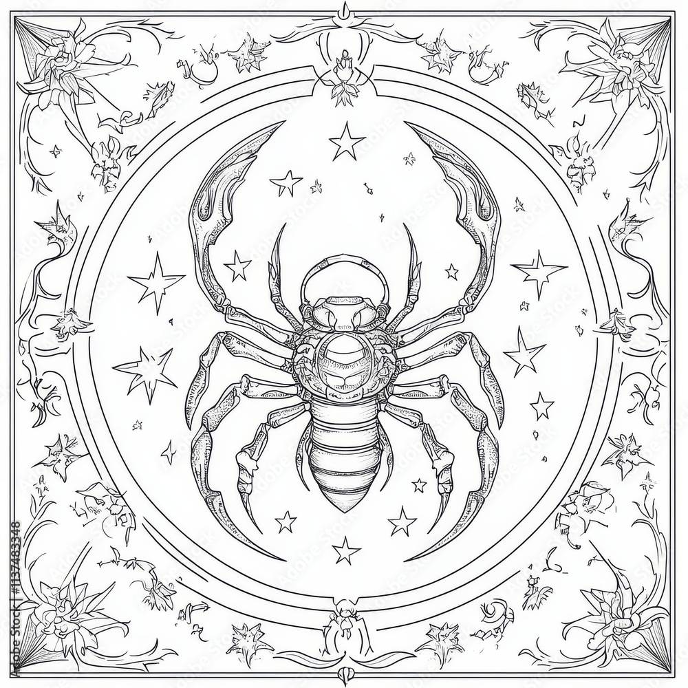 Mystical Spider in Starry Circle: A detailed line drawing of a spider ...