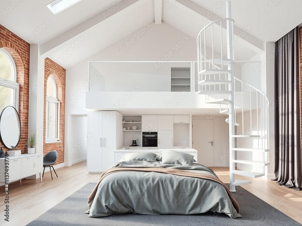 Minimalist open space white kitchen with mezzanine and modern spiral ...