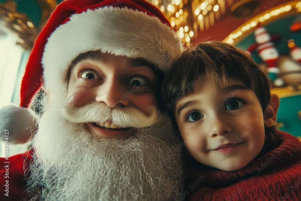 Foto de Stock Jolly yuletide, Ñ ute child boy delight with santa claus ...