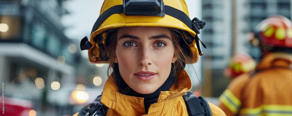 Brave Female Firefighter in Uniform Stands Proudly with Colleagues in ...