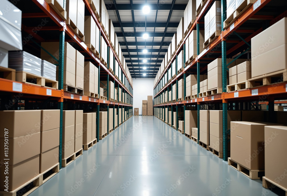 Warehouse Aisle: A long, well-lit warehouse aisle lined with stacked ...