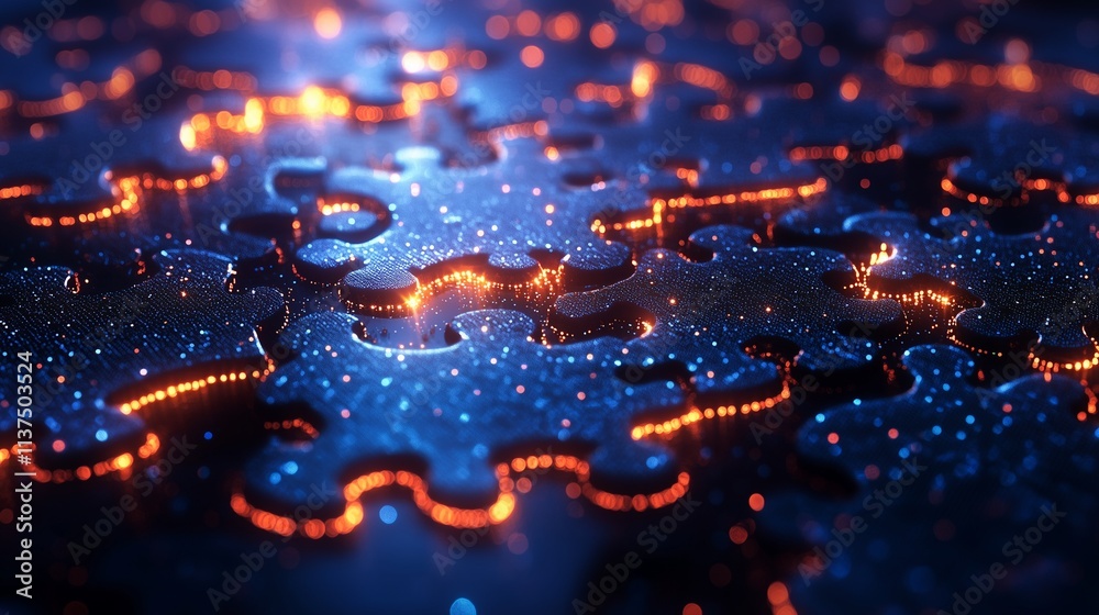 Digital puzzle pieces interlocking seamlessly, glowing against a ...