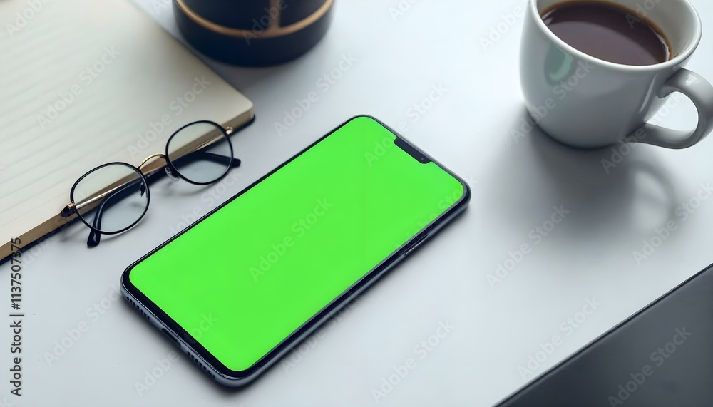 Smartphone App Mock-Up on Sleek Table with Office Props- Green Screen ...