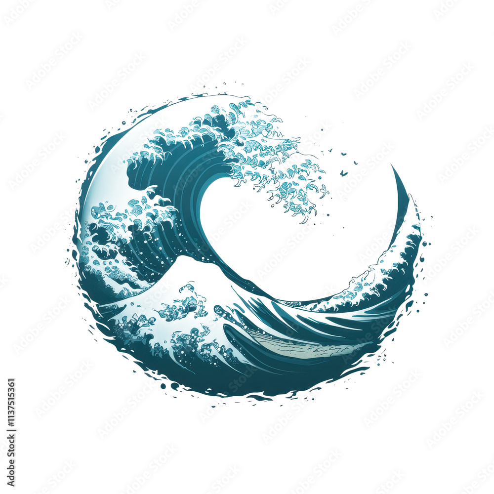 Circular Ocean Wave Japanese Style Blue Water Art Design Element Stock ...
