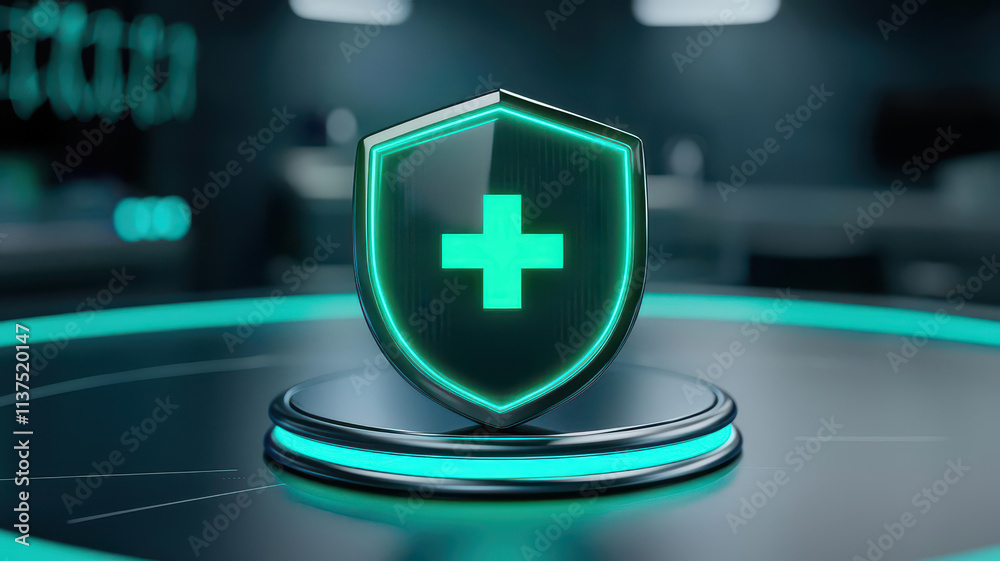 Glowing cyan shield with a cross symbol, floating in a high tech ...