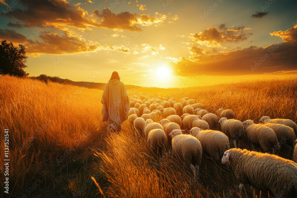 Jesus guiding his flock of sheep through a golden field at sunset ...