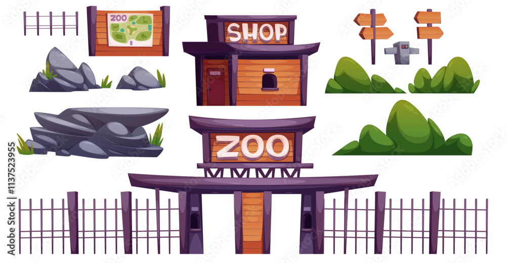 Zoo construction elements set - entrance building with turnstiles ...