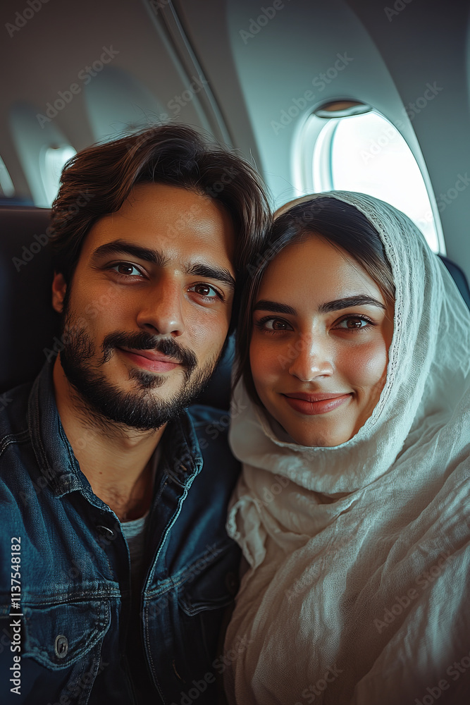 muslim couples in the flight, window seat, young couples, taking selfy ...