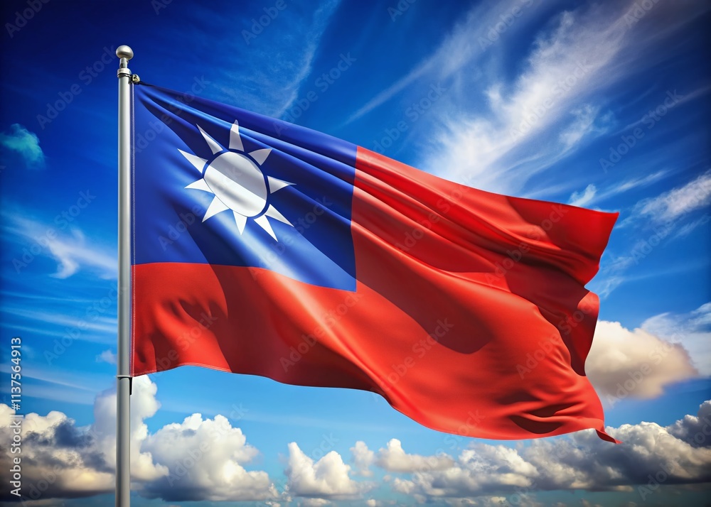 Majestic Republic of China Flag, Windswept Blue and Red Banner ...