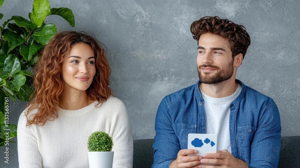 Affectionate young couple in casual embrace during indoor photoshoot ...