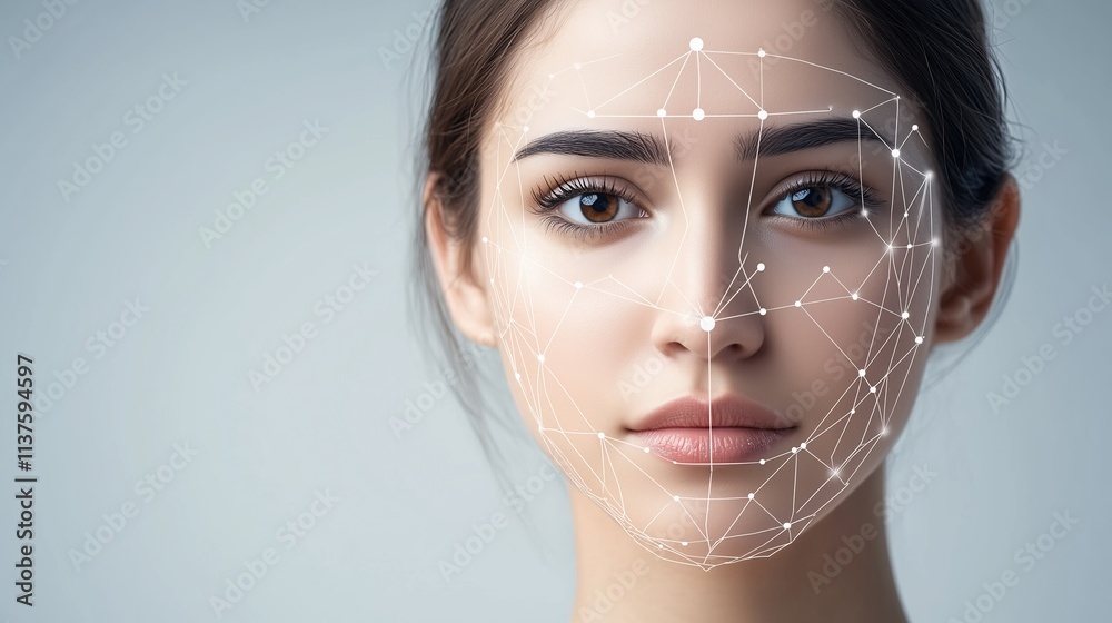 Portrait of a woman with a digital facial recognition grid overlay ...