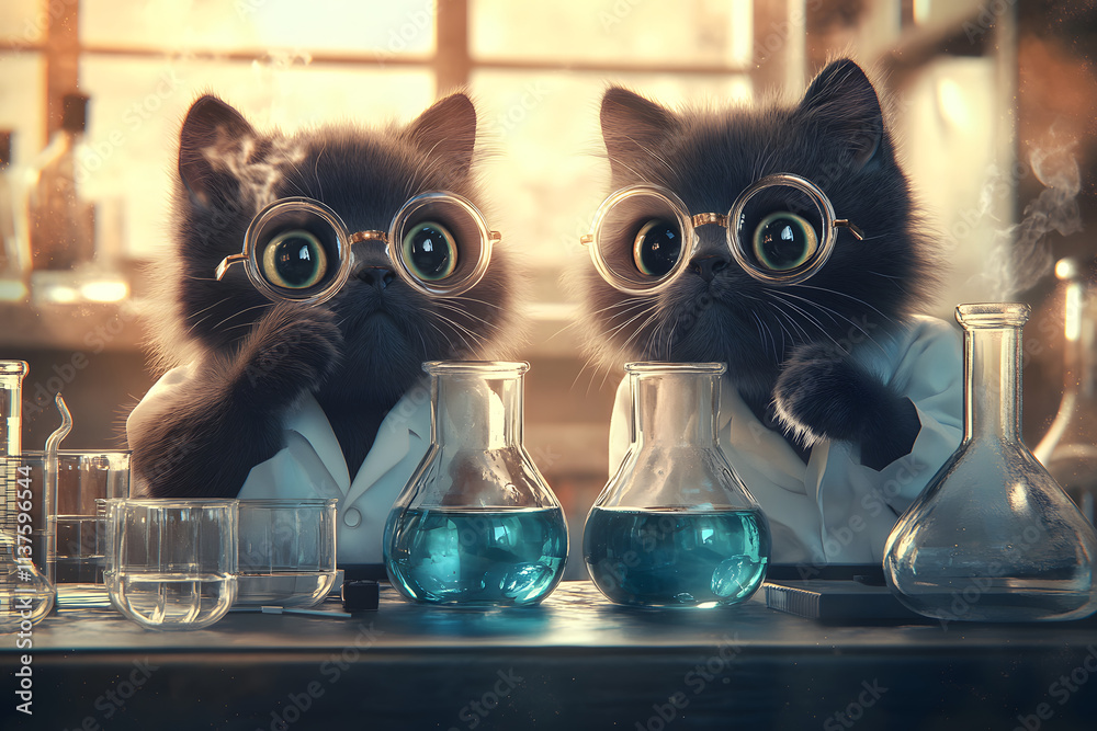 Cute fluffy cats wearing glasses and lab coats conducting science experiments with glass flasks ...