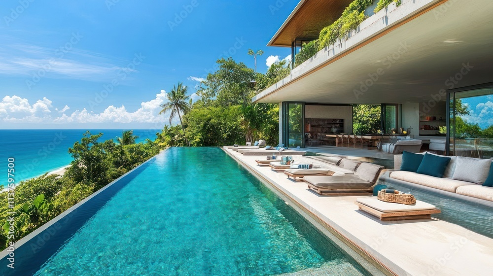 This luxurious modern residence located near the beach features an ...