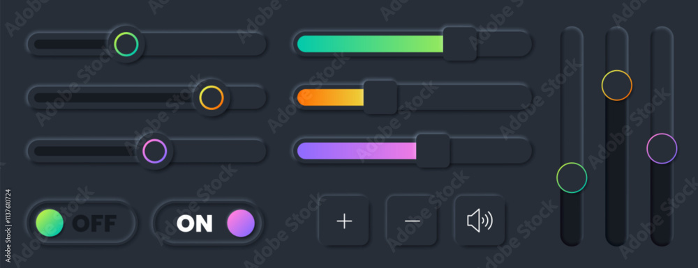 Vector set of scroll bar icons, sliders, scrollbar volume. Grey ui controls web elements for ...