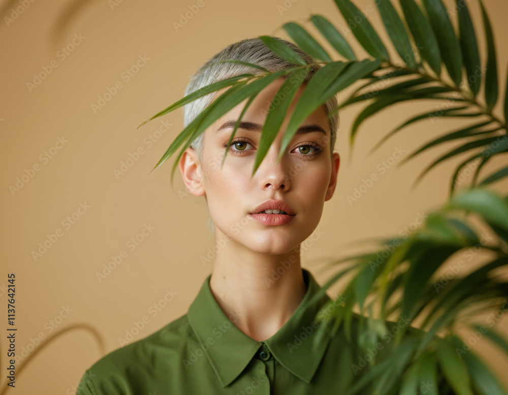 Image Of A Young Short Haired Girl In Green Against A Background Of