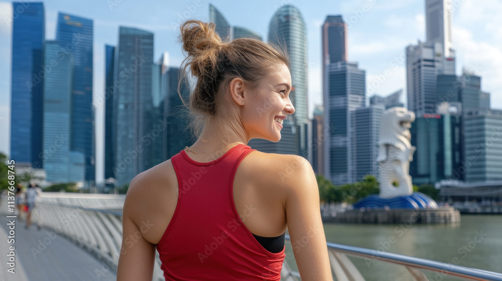 German woman in red athleisure traveling to Singapore Merlion Park ...