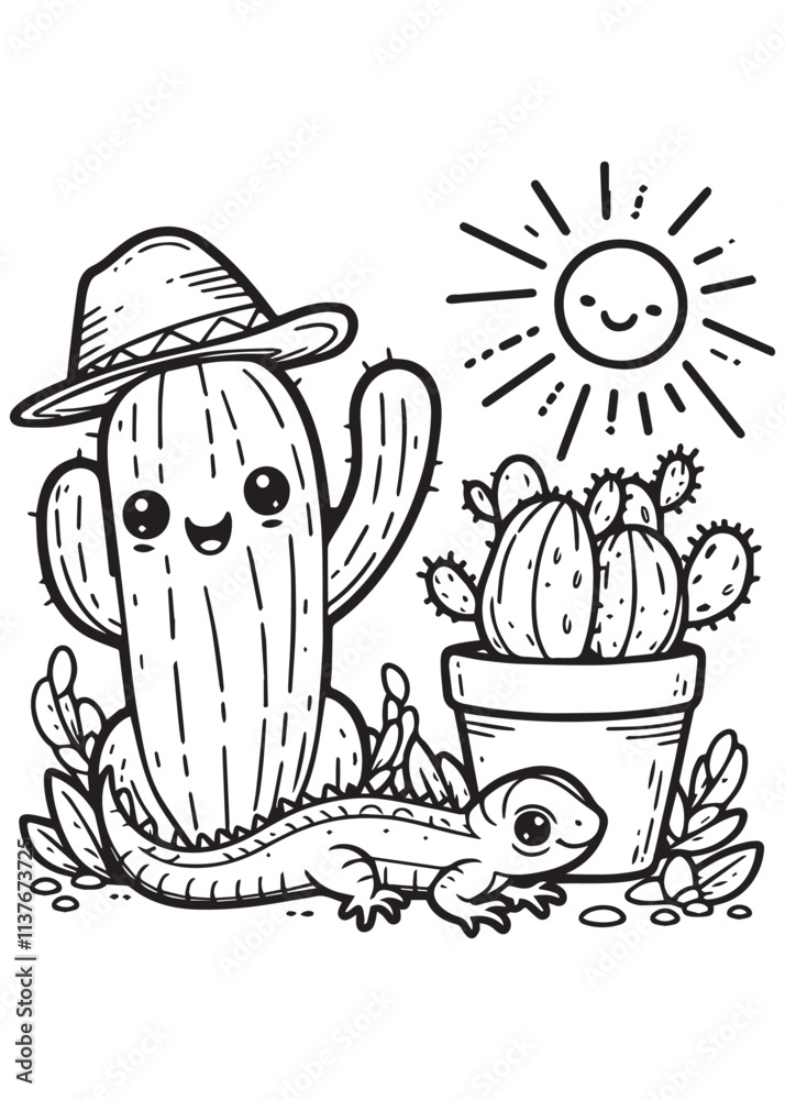 Coloring page design cute cactus pose dance illustration Stock Vector ...