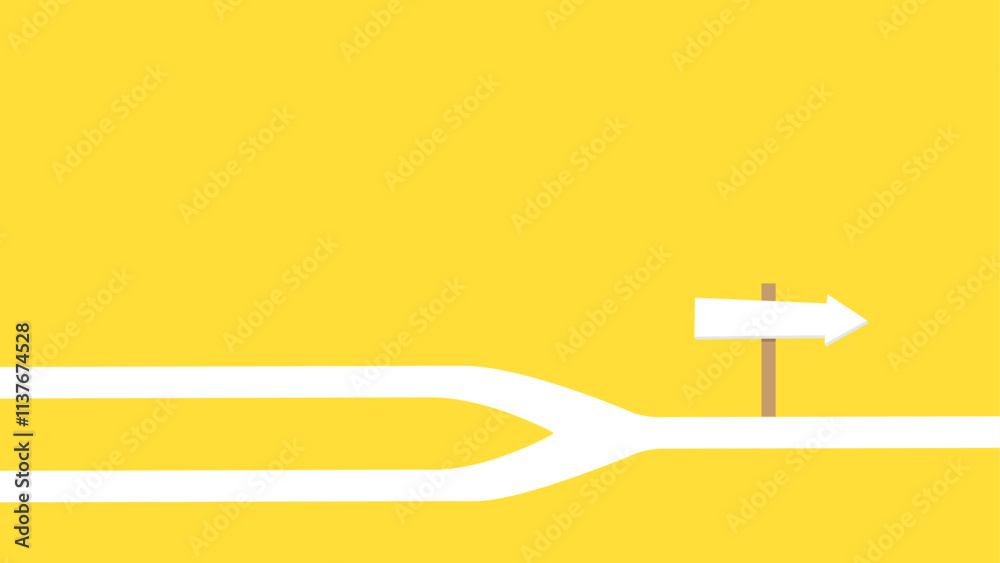 Two white paths merging into a single road with a right pointing ...