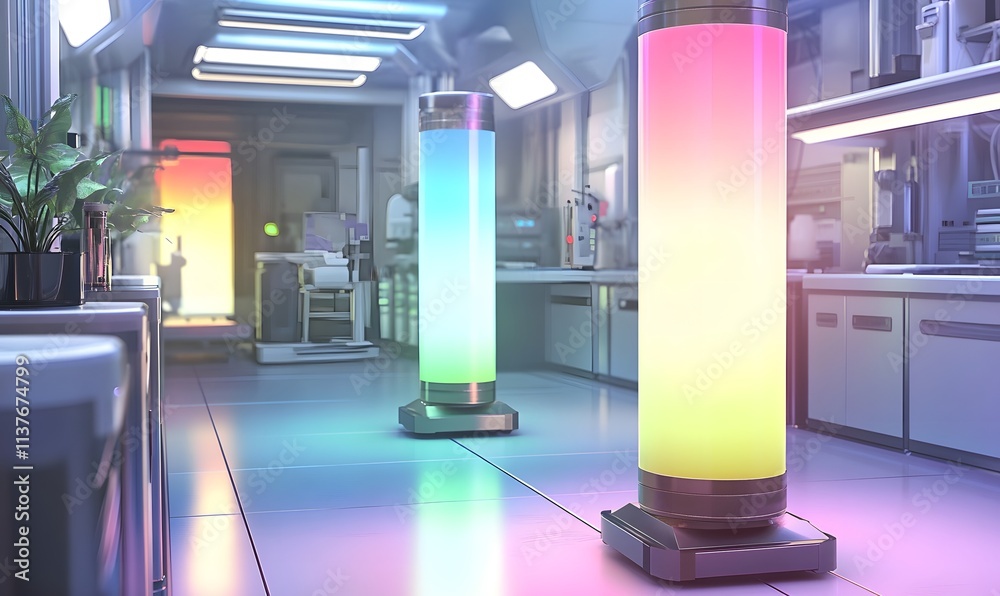 Sci-fi lab with vibrant, glowing columns and sterile equipment. Stock ...