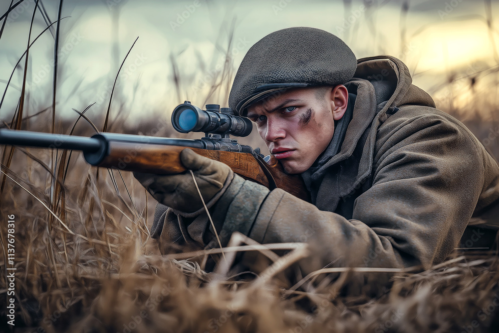 World War II-era sniper in vintage uniform, aiming a classic rifle in a ...