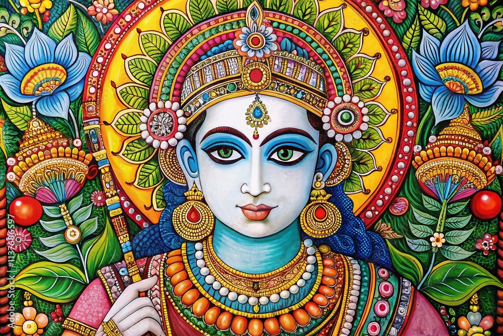 Madhubani Krishna Painting, Vibrant Indian Folk Art, Hindu Deity ...