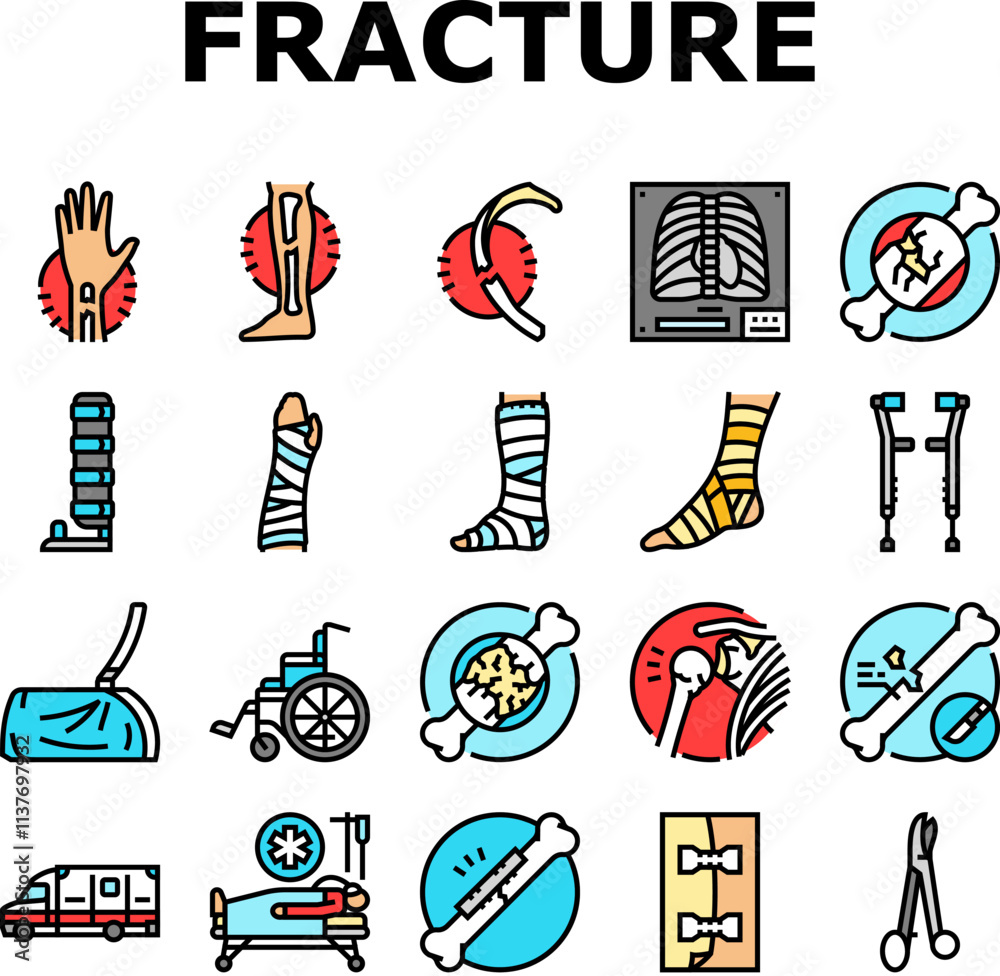 fracture injury bone break icons set vector. trauma healing, cast pain ...