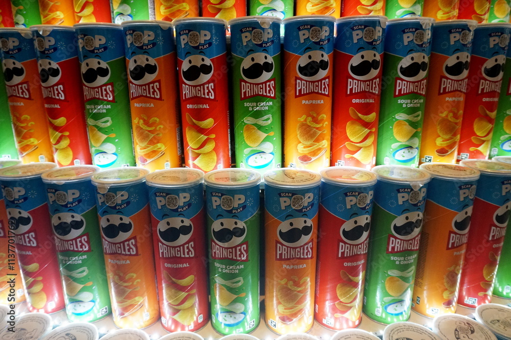 Riga, Latvia December 15, 2024: Packets of Pringles chips, many ...