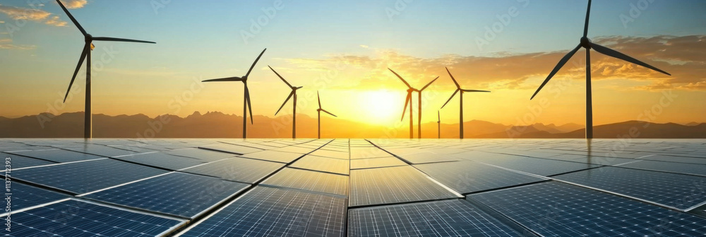 solar panels with wind turbines and sunset. concept clean energy in ...