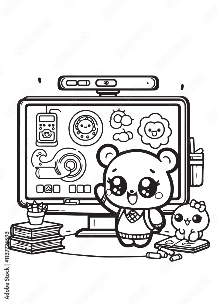 Coloring page design education cat with big screen Stock Vector | Adobe ...