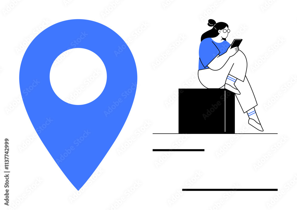 Large blue map pin next to a woman sitting on a block, using a ...