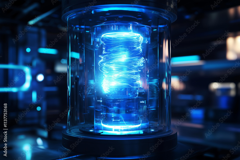 A futuristic energy generator with glowing blue plasma coils spinning ...