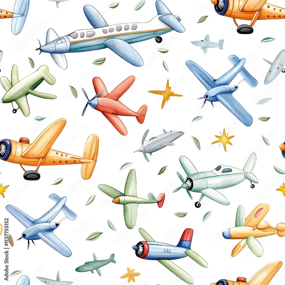 Watercolor seamless pattern of airplanes isolated on a white background ...