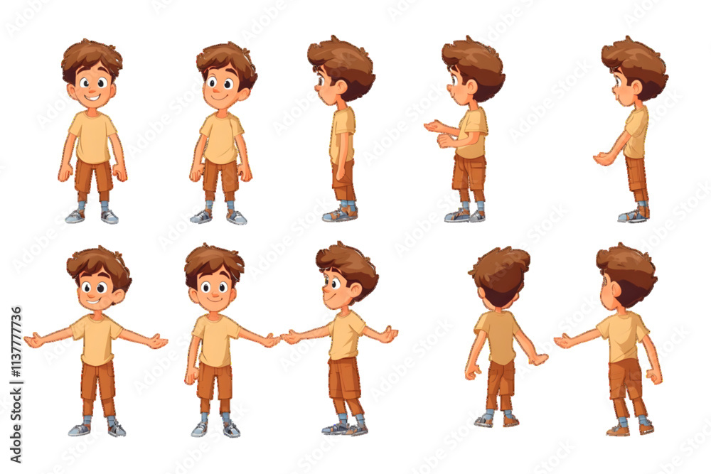 Cartoon character of a young boy in different poses and angles for ...
