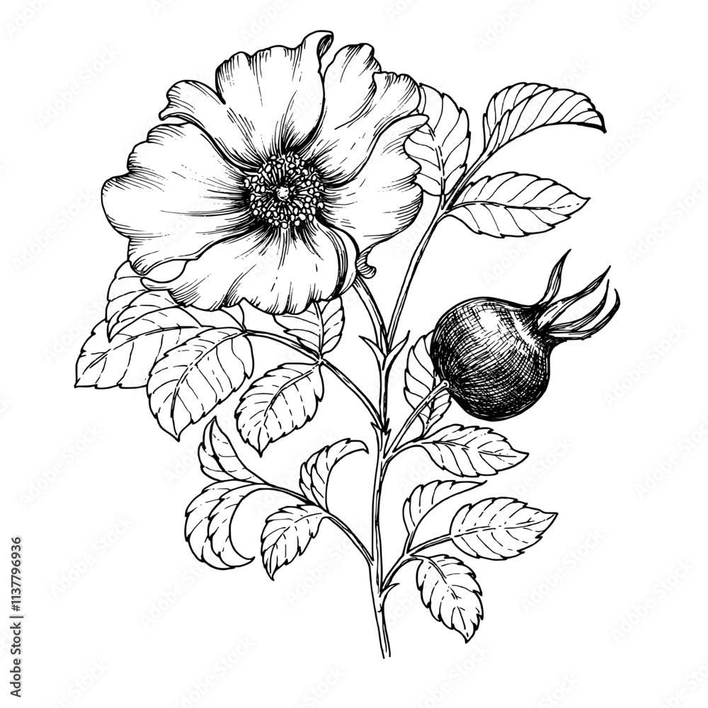 Sweetbriar rose flower with berry sketch ink graphic illustration ...