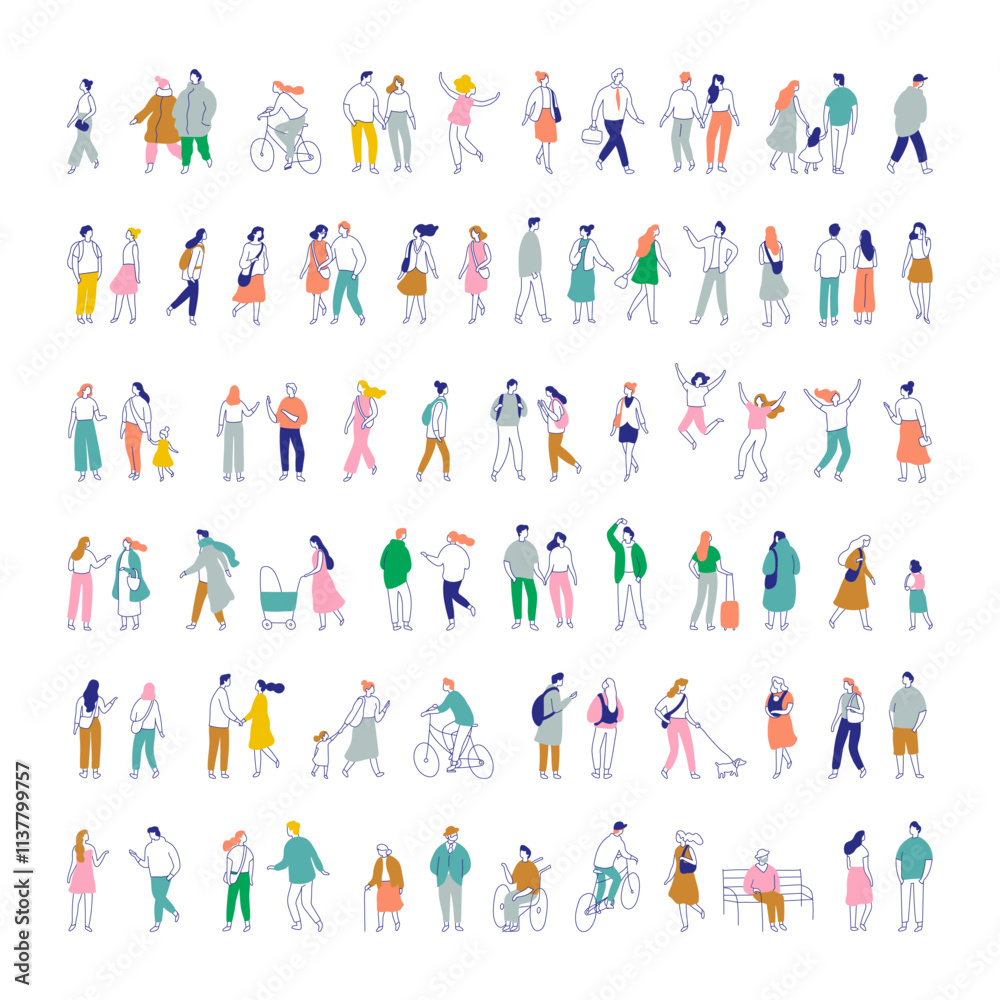 Line art people color big bundle. Crowd. Hand drawn People vector set ...