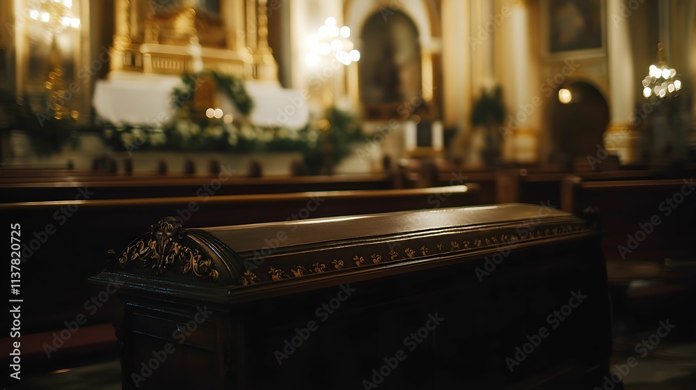 Elegant wooden casket displayed in a softly lit church interior during ...