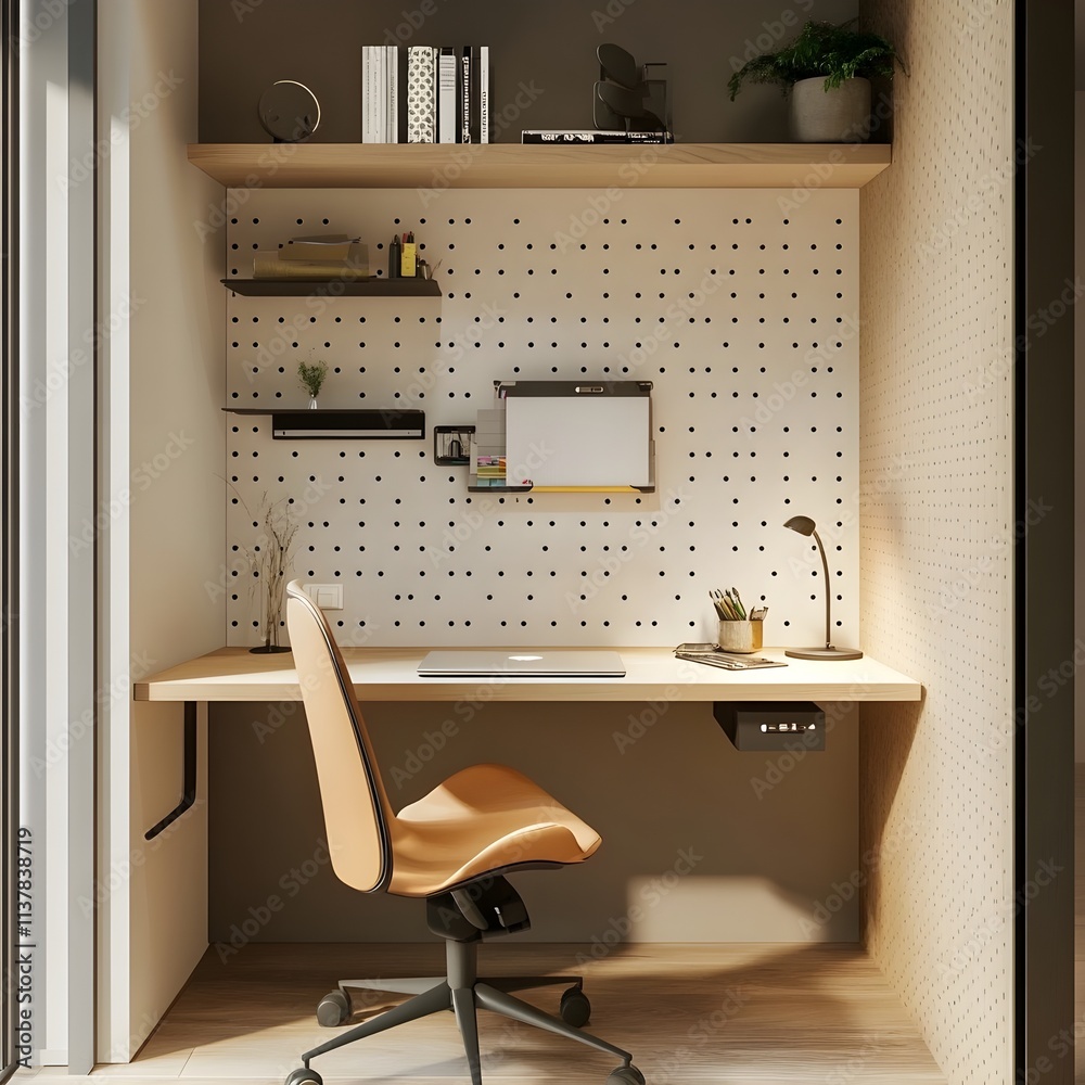 A chic office nook with a floating desk, an ergonomic chair, and a ...