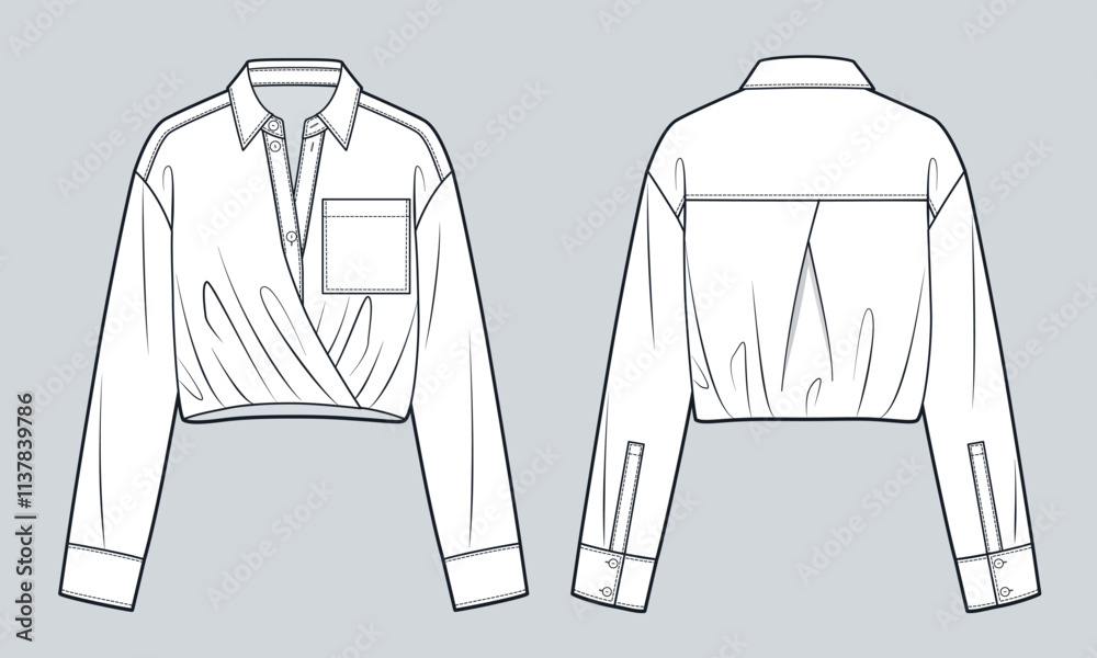Draped Collar Shirt technical fashion Illustration. Crop Blouse fashion ...