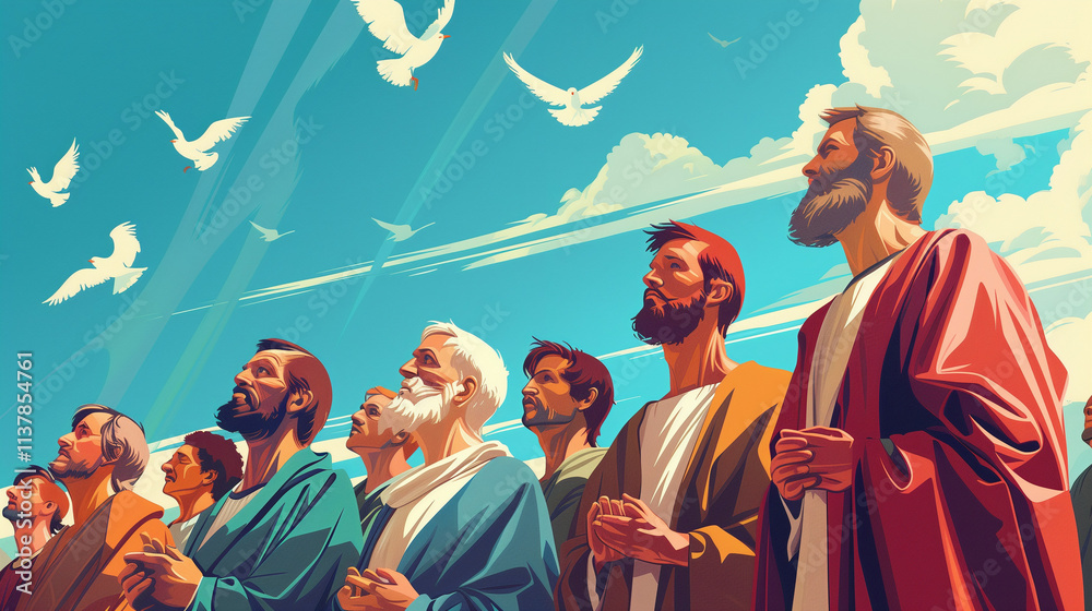Biblical vector illustration series, Pentecost also called Whit Sunday ...