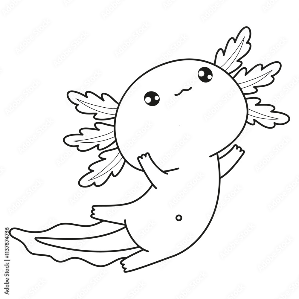 Outline cute playful Axolotl. Little cartoon character. Line drawing ...